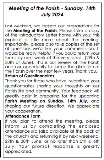 Meeting of the Parish update – St Joseph's OMI Roman Catholic Church